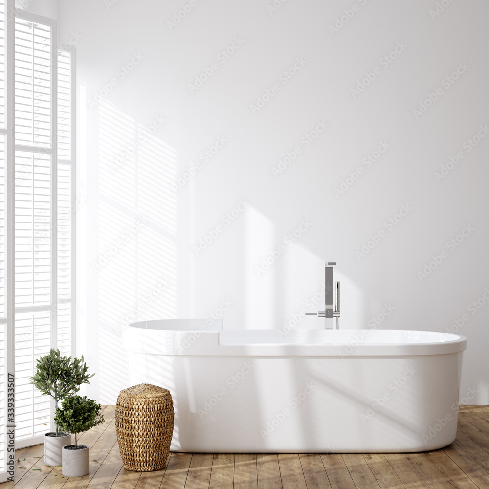 Simple cozy bathroom interior background, wall mockup, 3d render Stock ...