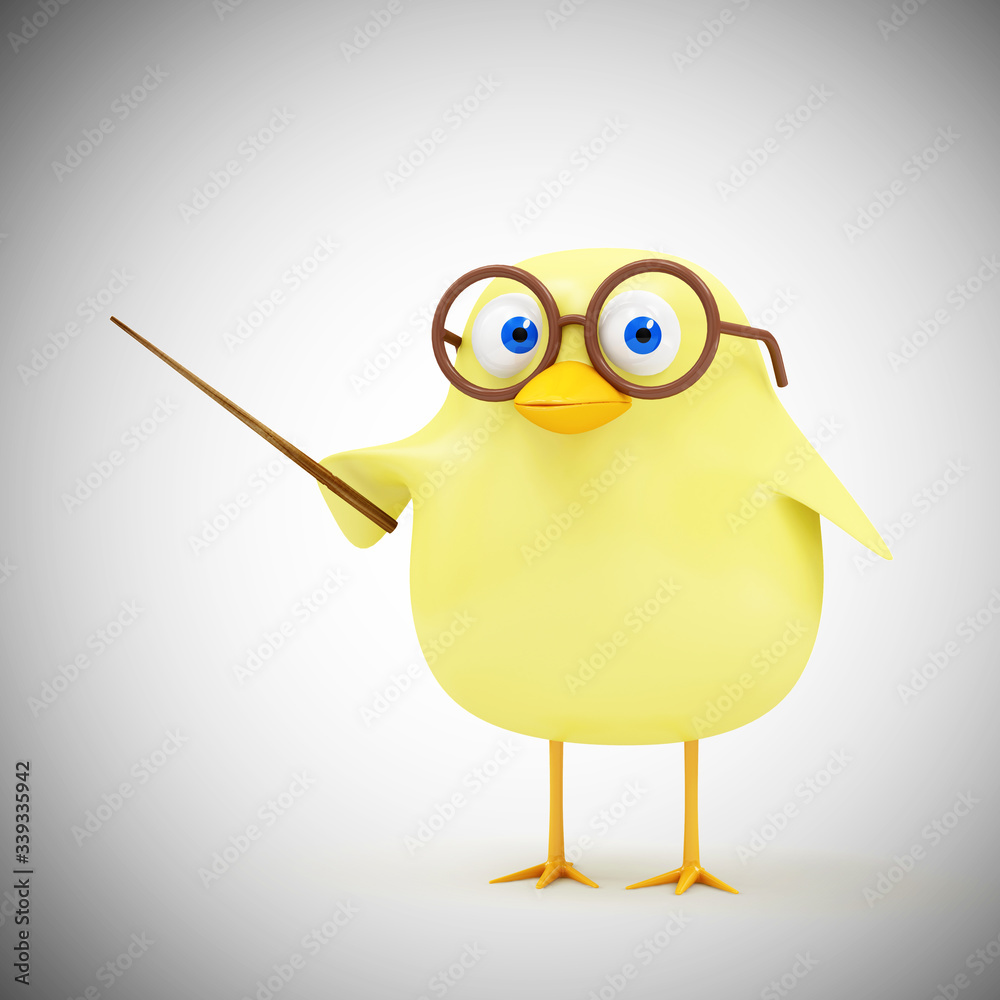 Cartoon Funny Little Chicken Teacher with School Pointer on gradient ...