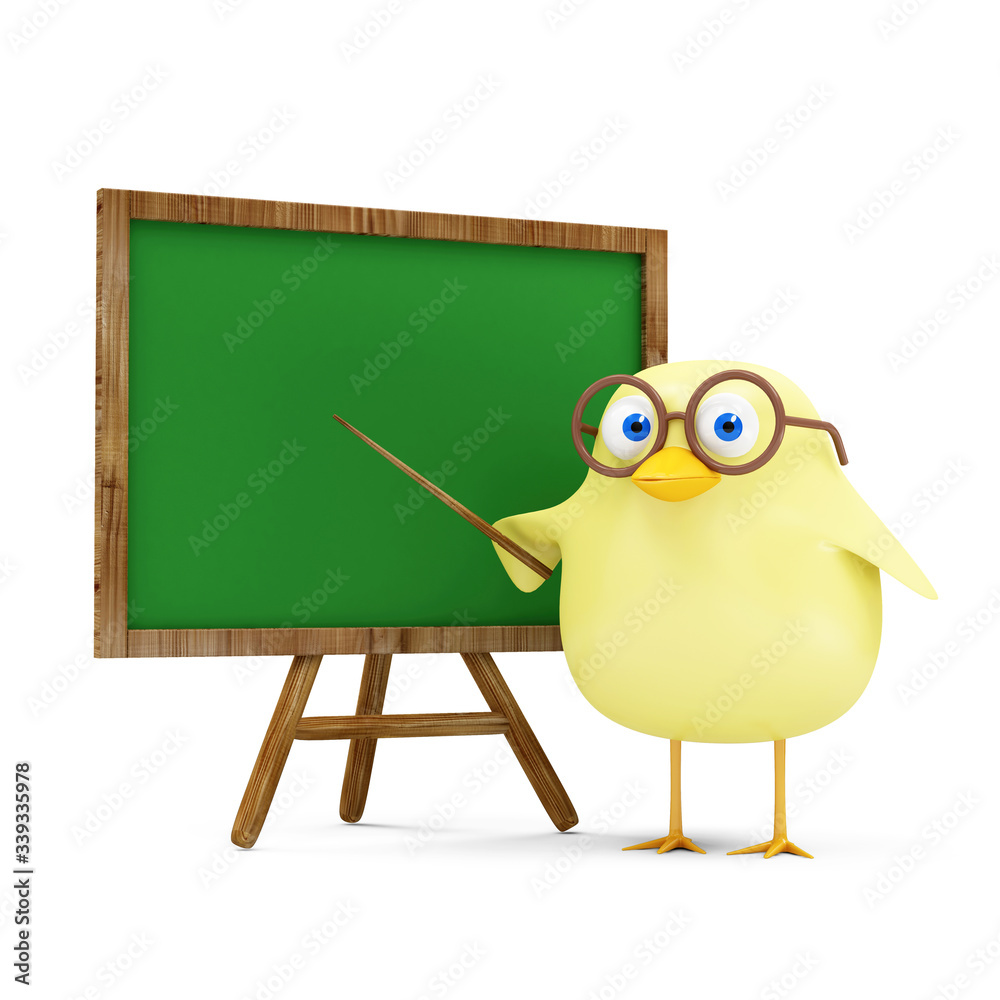 Cartoon Funny Little Chicken Teacher near Blank Chalkboard isolated on white background. 3D ...