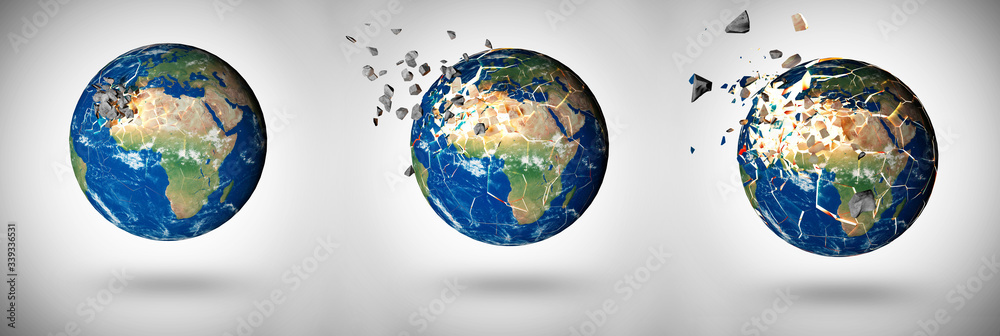 Set of Planet destruction process. Huge asteroid collides with planet ...