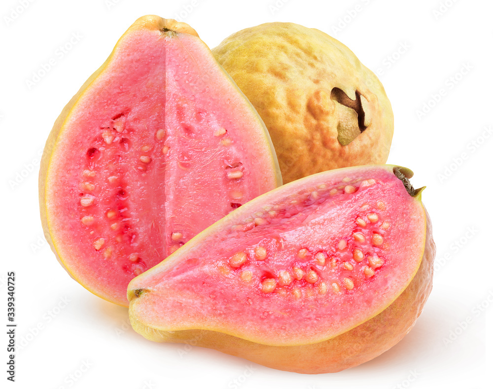 Isolated guava fruits. Pink guavas with yellow skin cut in halves ...