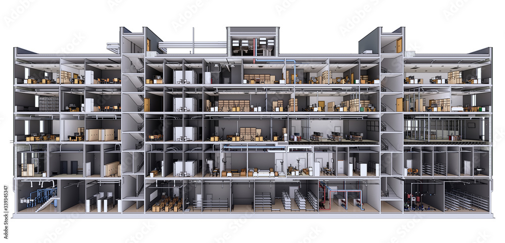 Section view of the interior room space of building without a front ...