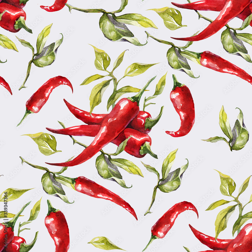 Seamless watercolor red hot chili peppers background pattern. Hand ...