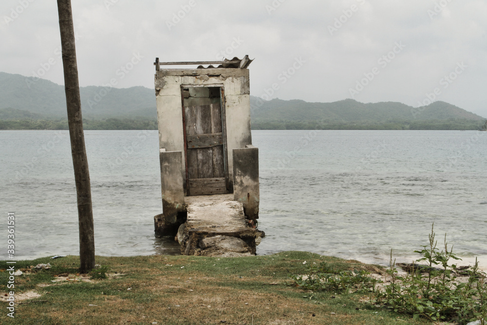 Outhouse toilet on the sea of an island of the Kuna Yala community ...