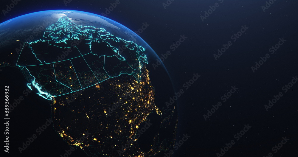 Canada map outline view from space, globe planet earth, teal color ...