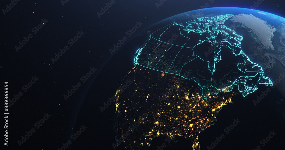 Canada map outline view from space, globe planet earth, teal color ...