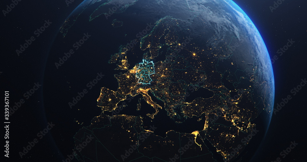Germany map outline view from space, globe planet earth, teal color ...