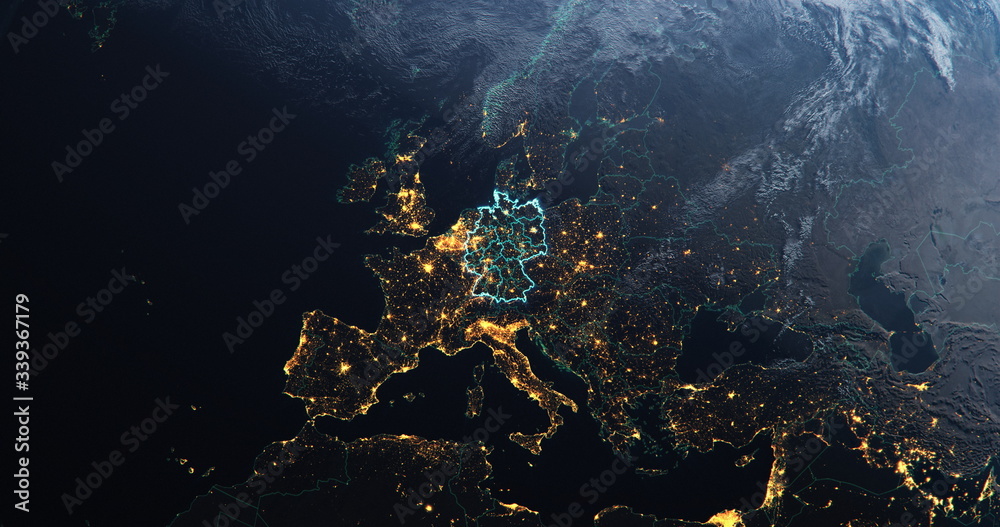 Germany map outline view from space, globe planet earth, teal color ...