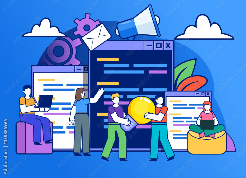Software development, coding team, agency concept. Small people stand ...