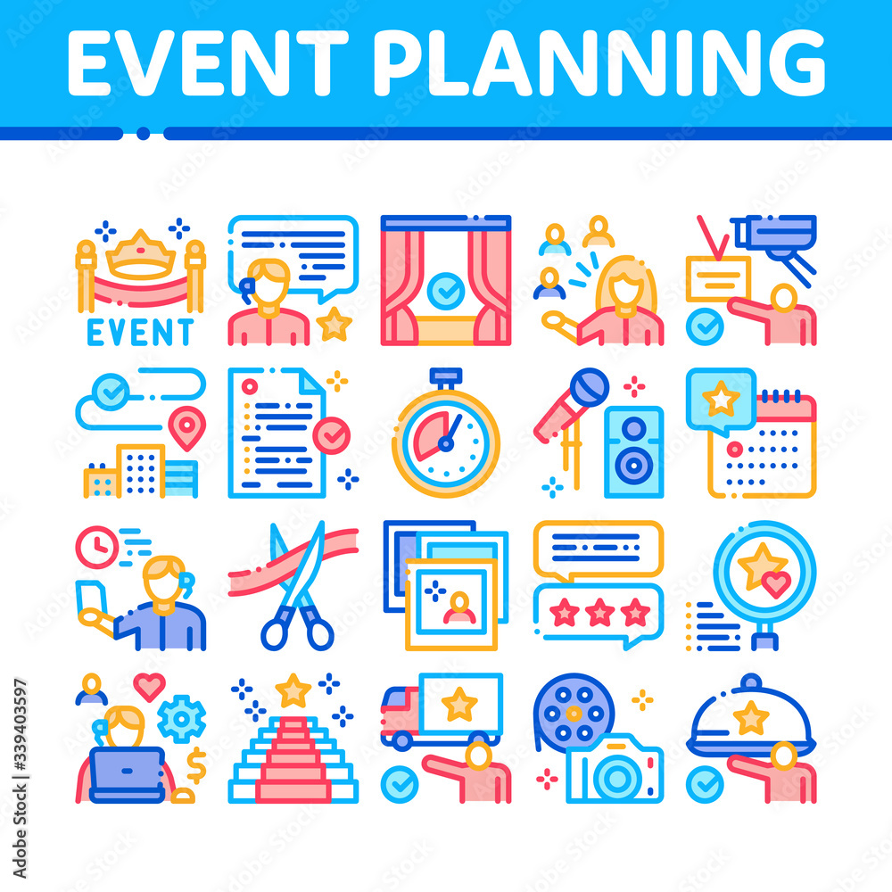Event Party Planning Collection Icons Set Vector. Planning Travel And ...