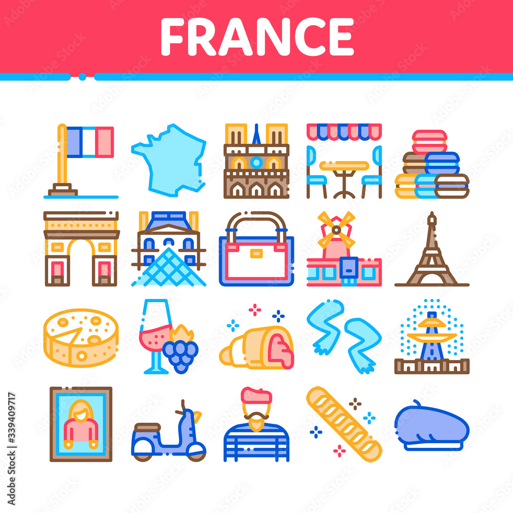 France Country Travel Collection Icons Set Vector. France Flag And ...