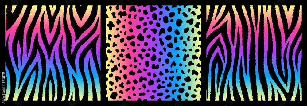 Set of 3 neon rainbow-colored gradient animal print seamless patterns ...