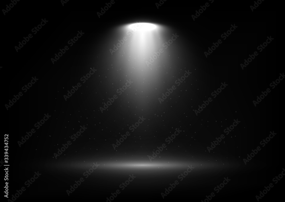 Vector spotlight on scene with light beams and particles in the air ...