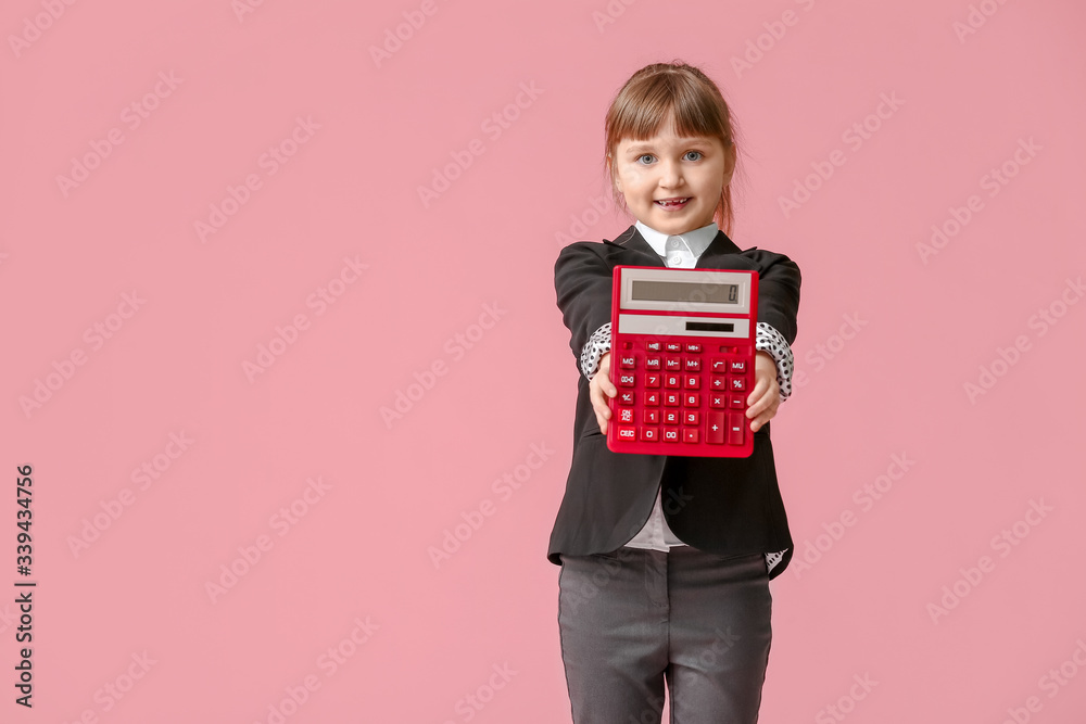 Little girl with calculator on color background Stock Photo | Adobe Stock