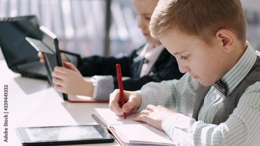 Primary school students are studying together on distance learning. The ...