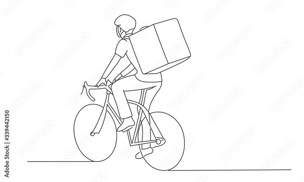Line drawing vector illustration of delivery man on the bike. Stock ...