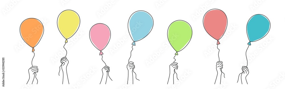 Vetor de Hands holding balloons. Hand drawn vector illustration do ...