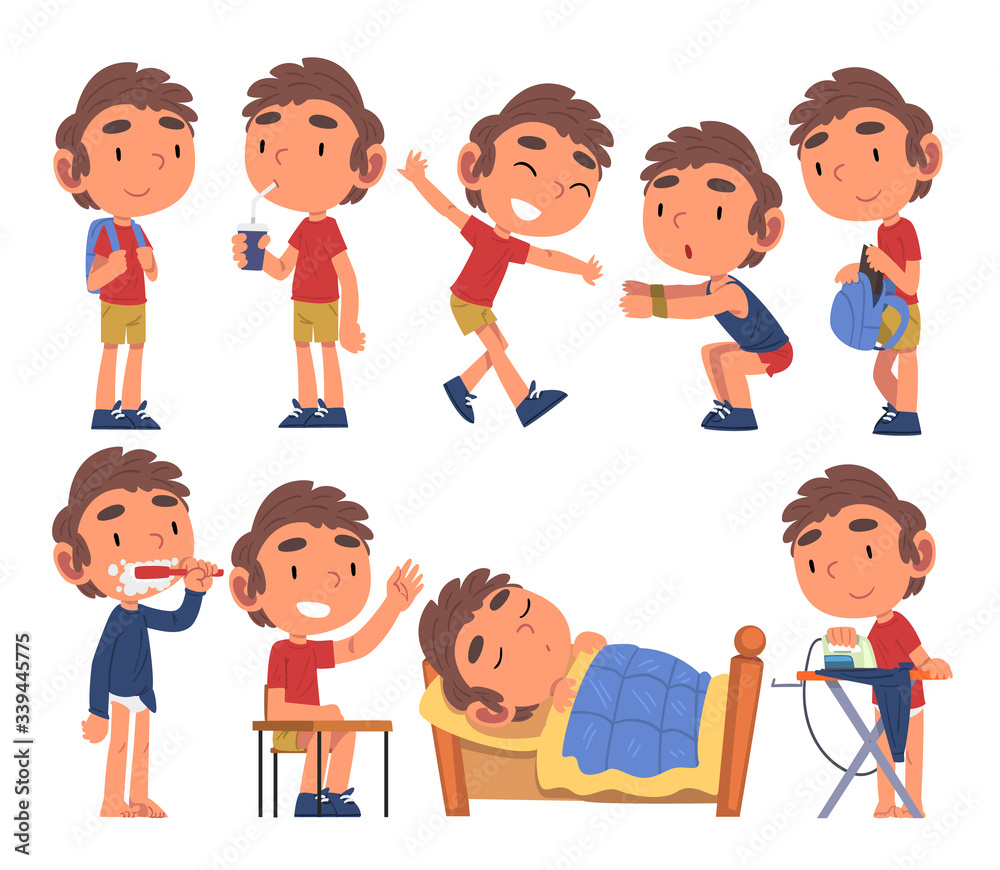 Schoolboy Daily Routine Activities Collection, Cute Boy Waking Up ...