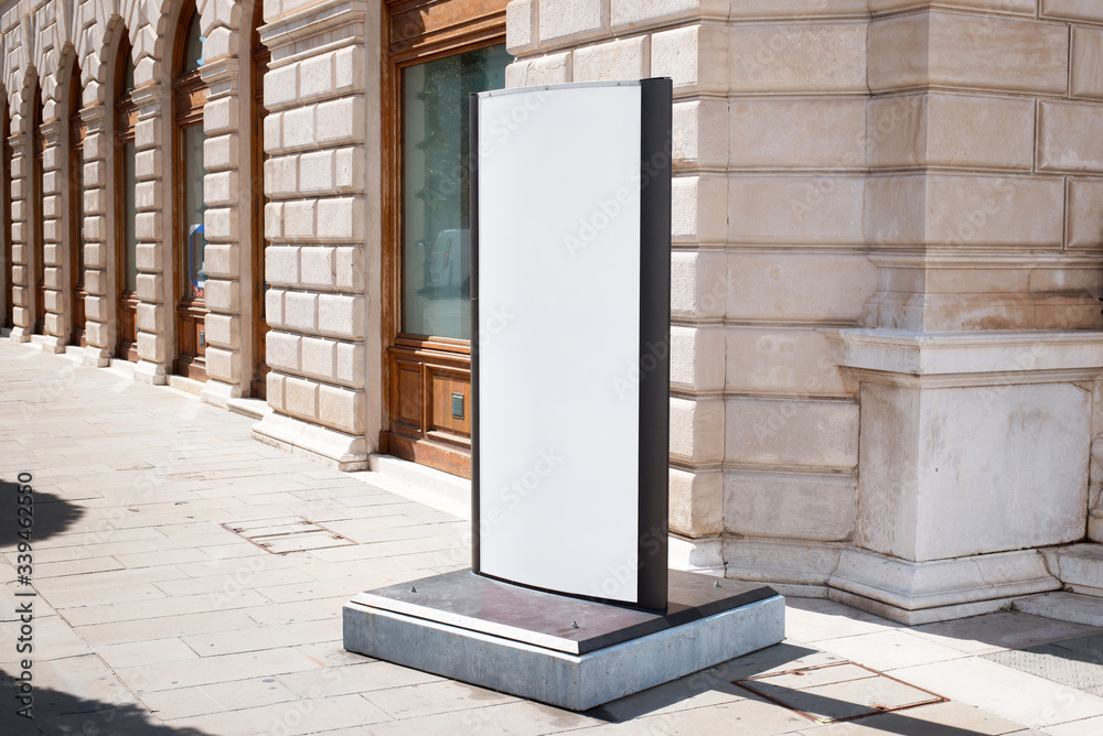 City tourist info billboard mockup. Vertical position. Old downtown ...