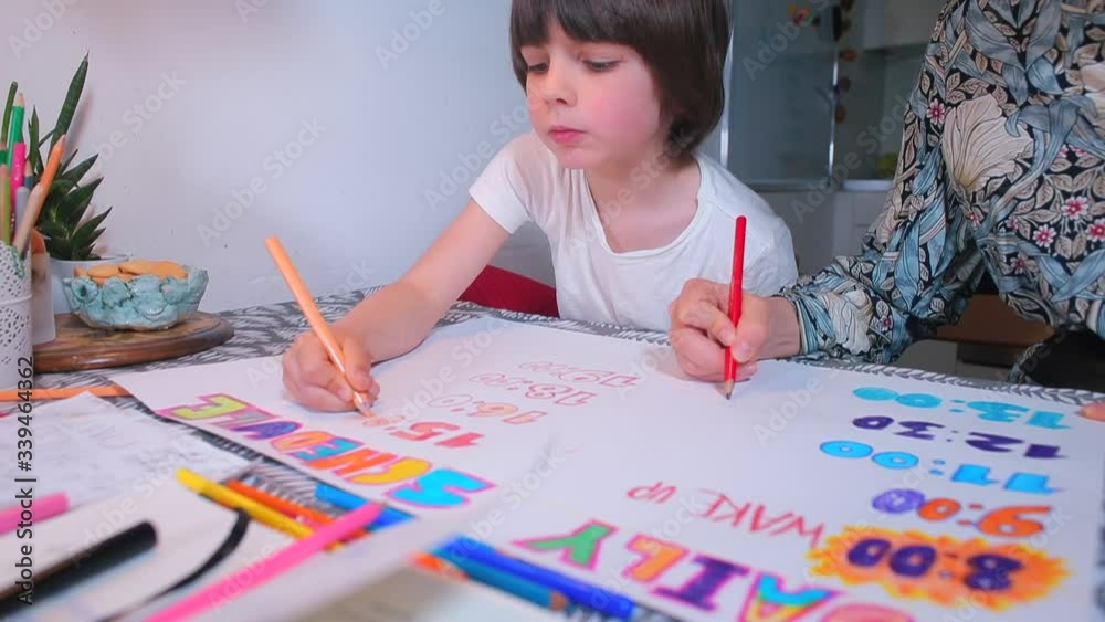 Adapt life to quarantine COVID 19. Preschooler cute long hair boy mom ...