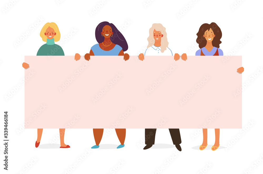 Group of girls, young standing women holding a blank poster with place ...