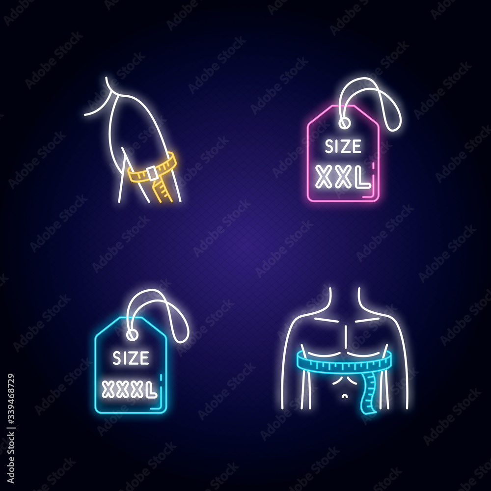 Male size labels and measurement neon light icons set. Extra large size ...