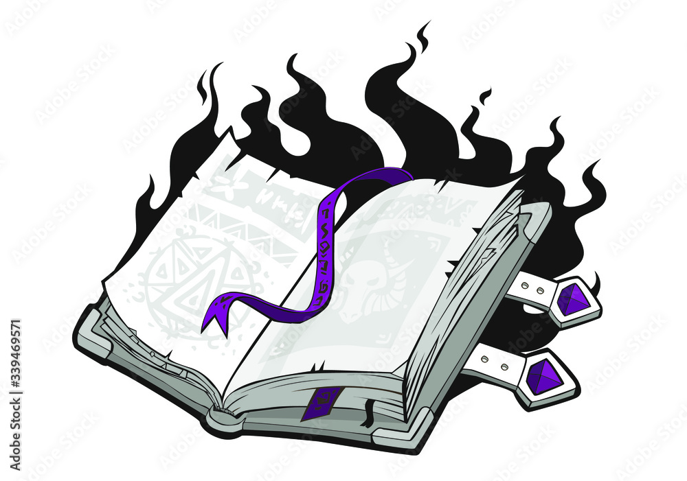 Magic wizard open book with magic fire. Isolated over white background ...