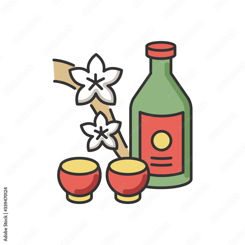 Sake RGB color icon. Japanese rice wine and sakura branch. Korean soju ...