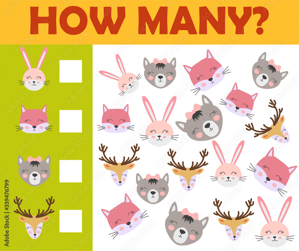 Counting animal games for preschool kids sheet layout in colorful ...