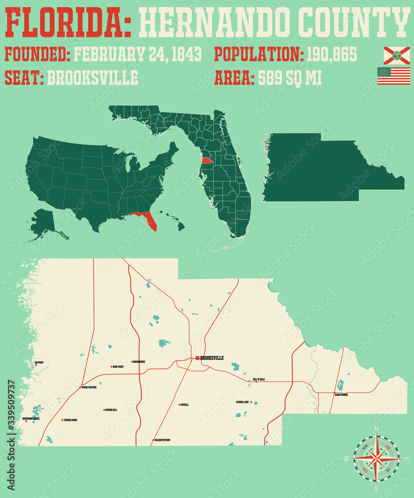 Large and detailed map of Hernando county in Florida, USA. Stock Vector ...