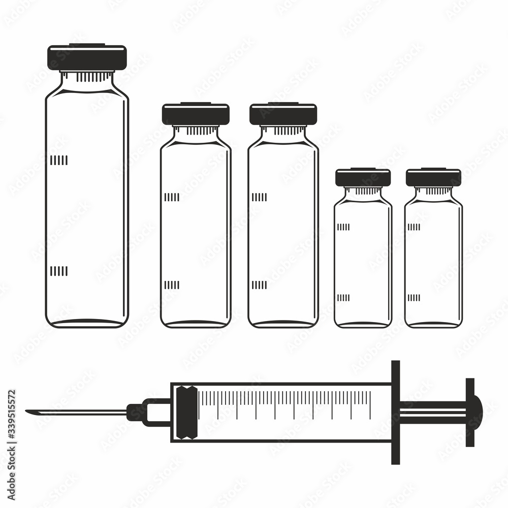 Syringe for injection with vaccine, vial of medicine. Disposable ...