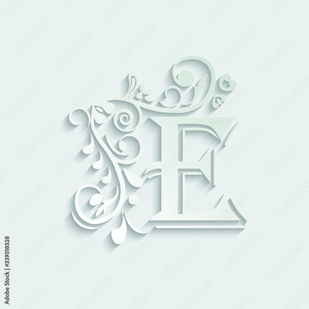 Paper letter E. Black flower alphabet. Beautiful capital letters with ...
