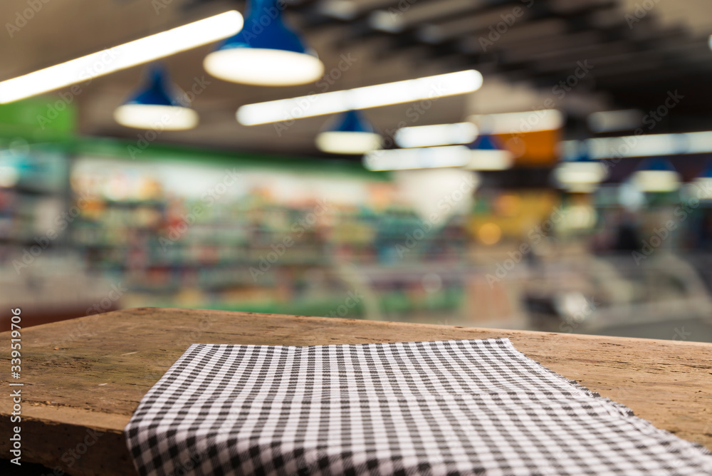 Supermarket background, Counter over blur grocery background, Wooden ...