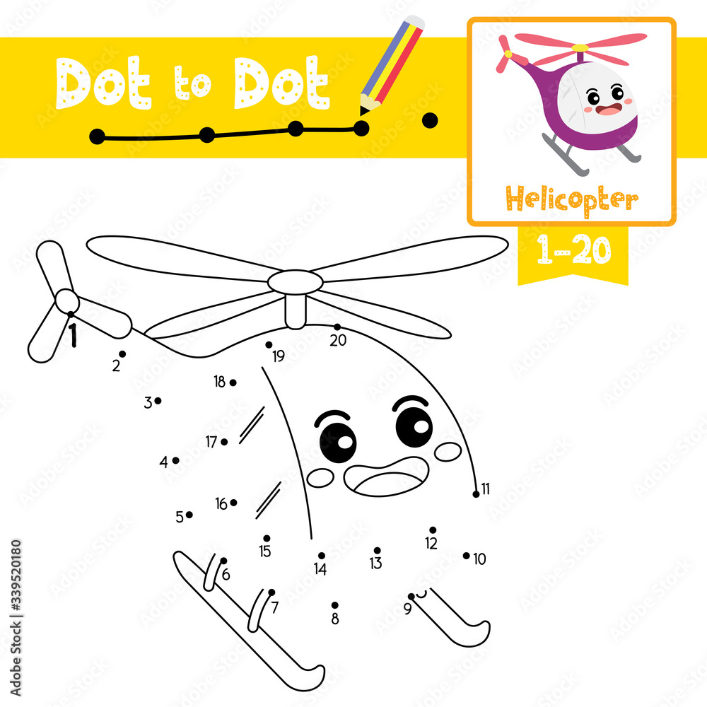 Dot to dot educational game and Coloring book of Helicopter cartoon ...
