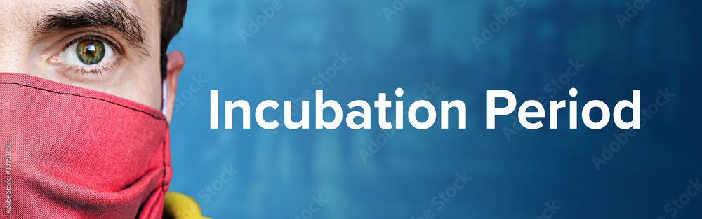 Incubation Period. Man wearing face mask (Respirator). Blue background ...