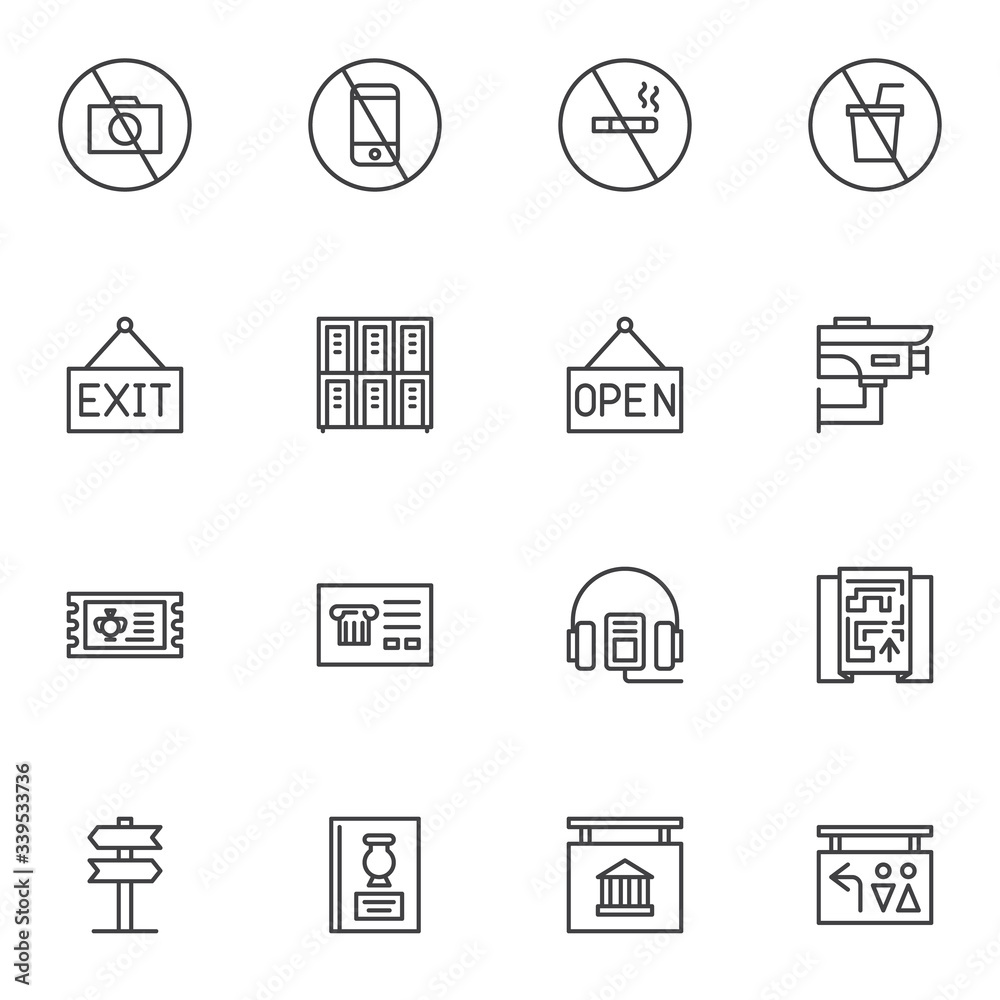 Museum control system line icons set. linear style symbols collection ...