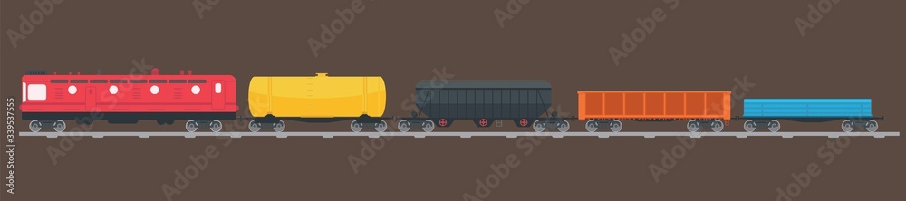 Freight train on tracks. Locomotive pulling various types of railroad ...