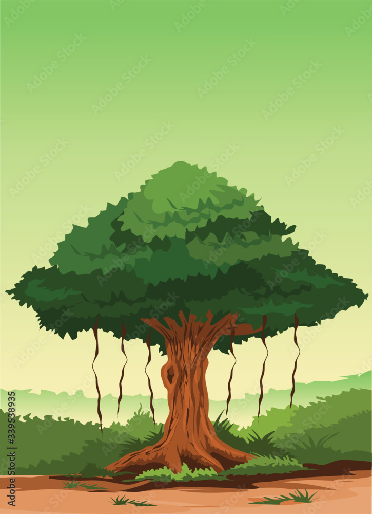 vector illustration of a banyan tree in the forest Stock Vector | Adobe ...