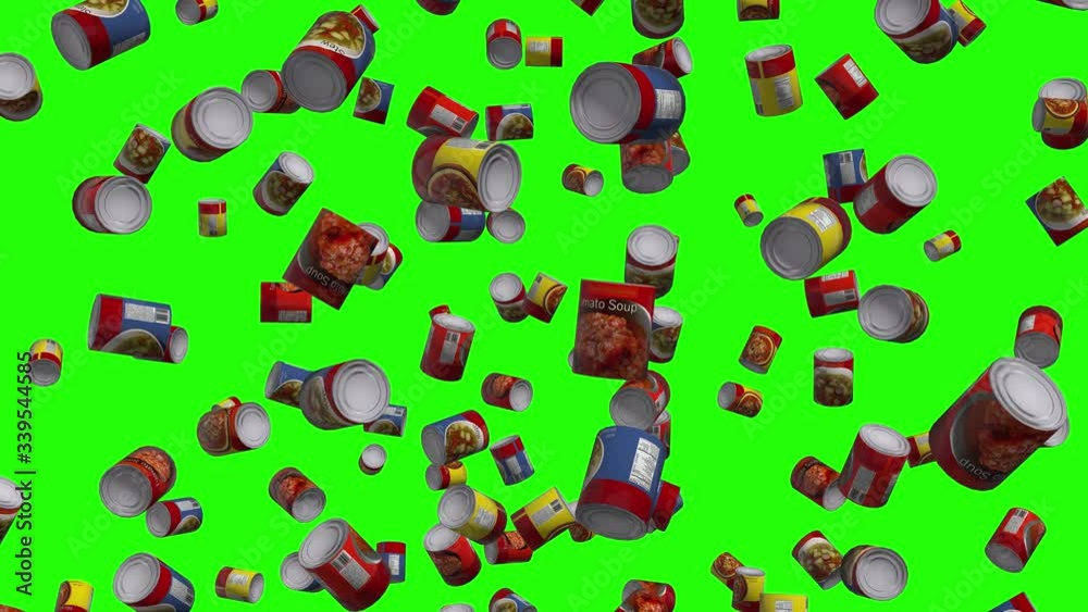 3D rain of food cans falling on green screen. Canned flying on chroma ...