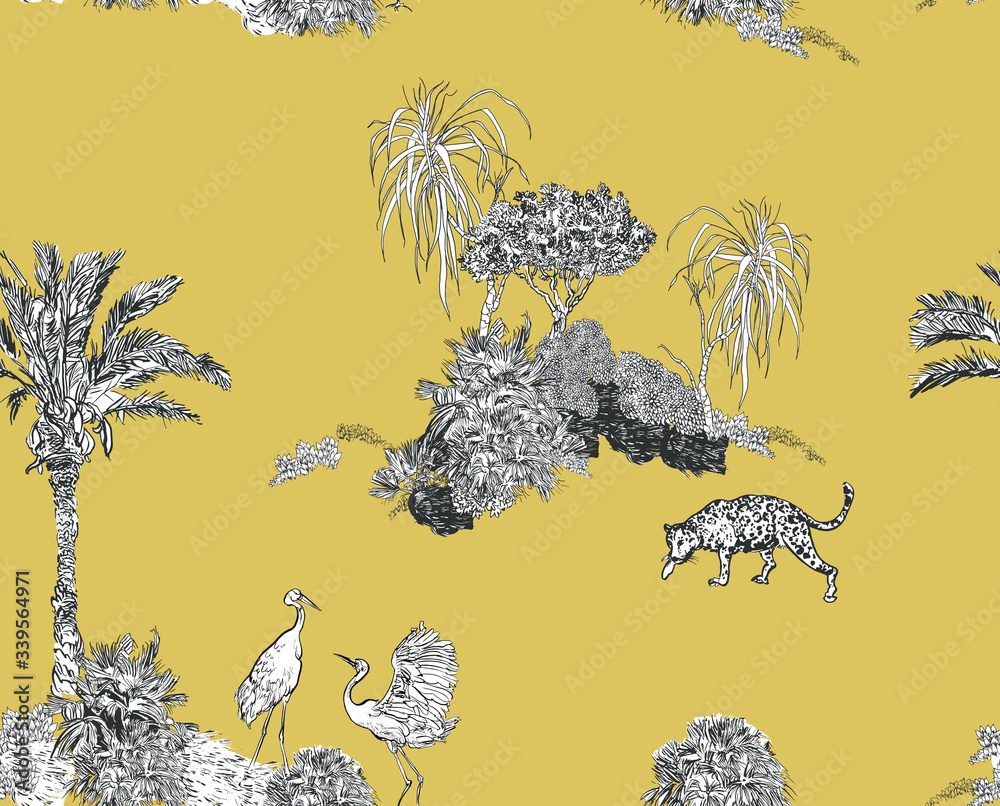 Seamless Pattern Little Islands with Cranes and Leopard Litograph on ...