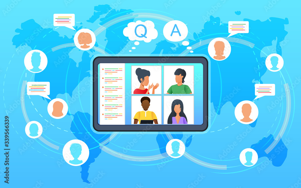 Online video conference. People on computer screen having discussion ...