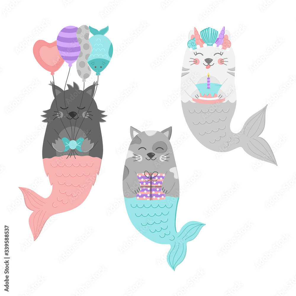 Cute sea mermaid cat vector illustration set. Hand drawn birthday ...