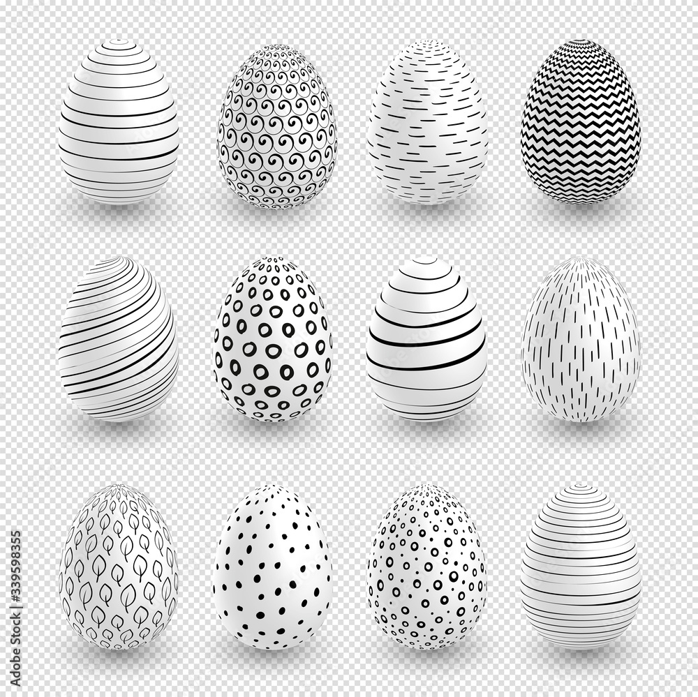 White Easter eggs wtth doodle black simple patterns on surface. Vector ...