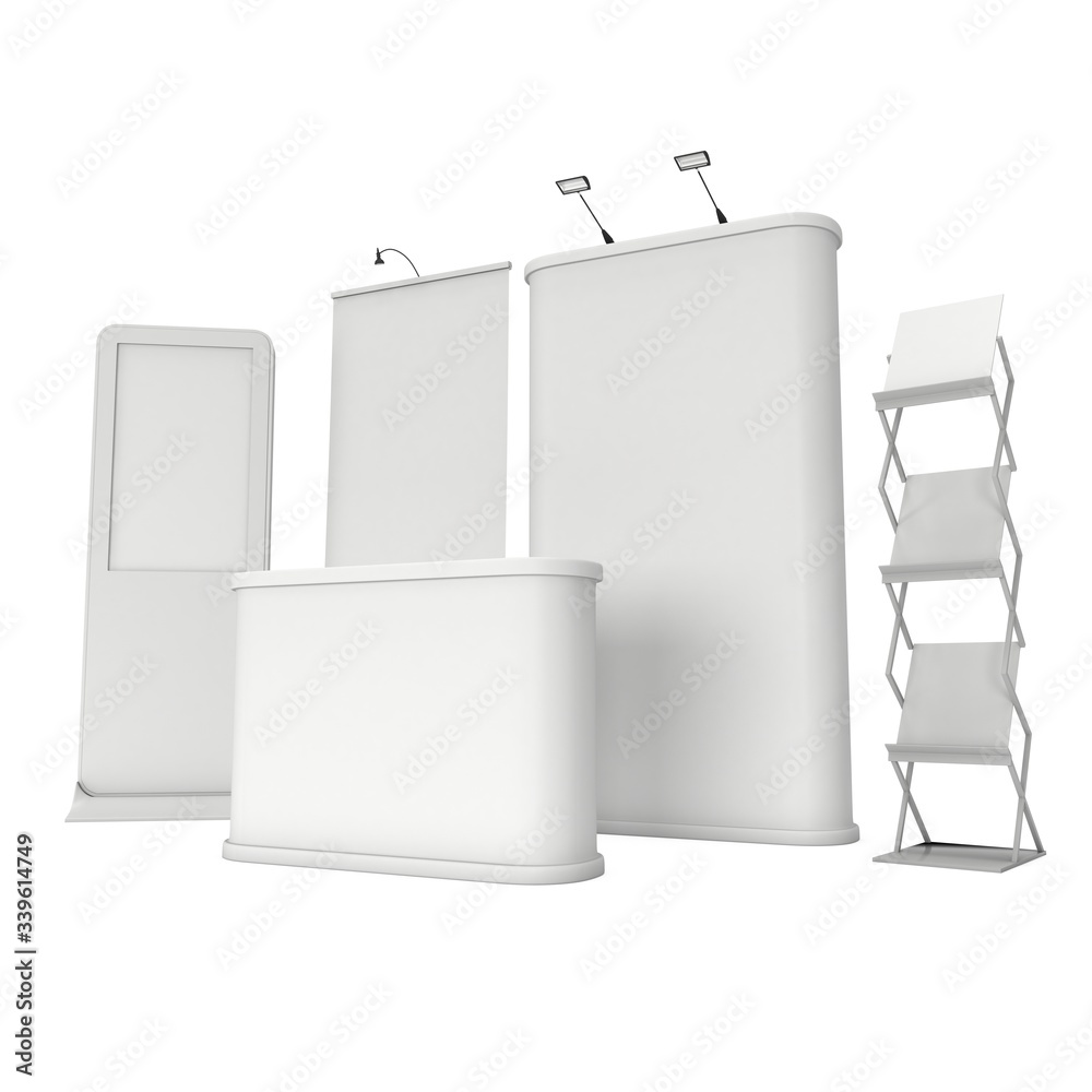 LCD Screen Floor Stand with Roll-Up Pop-Up and reception desk. Blank ...