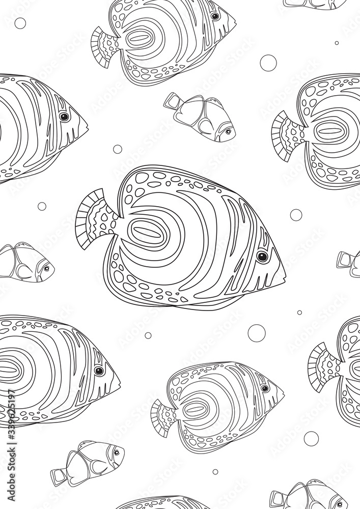 Seamless pattern or coloring page with imperial fish angel on a white ...
