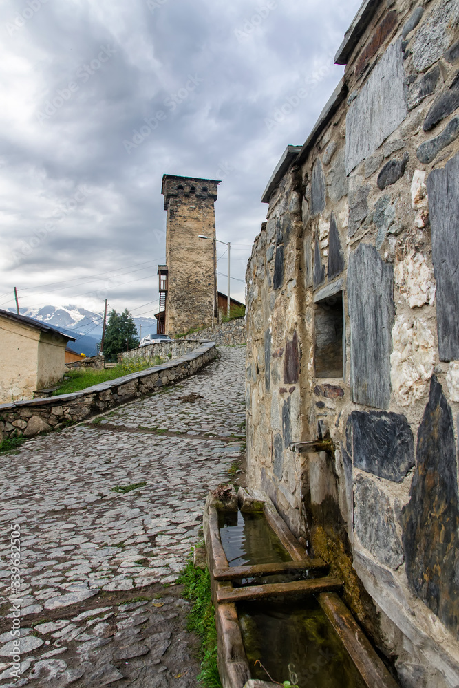 Medieval ancient Svan towers in the mountains of the Caucasus. Towers ...