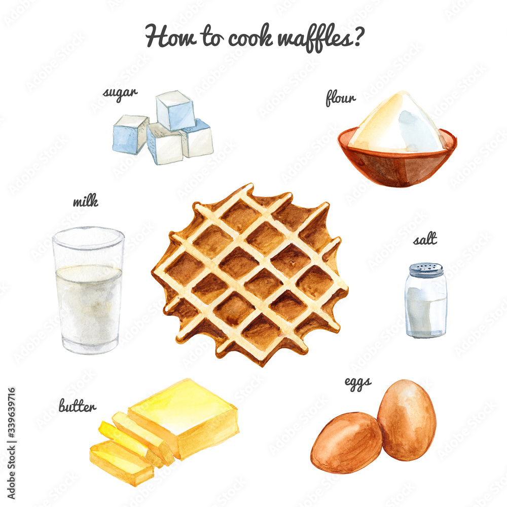 Watercolor "How to cook waffles" hand drawn illustration isolated on ...