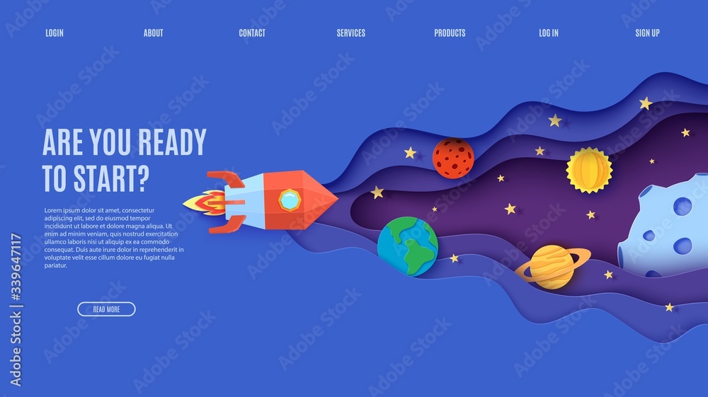 Space with red rocket and planets in paper cut style. Web page design ...