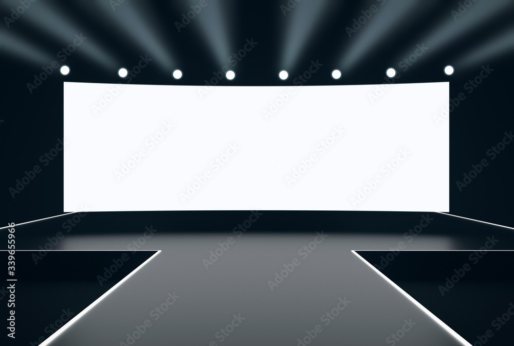 Modern stage with blank white wide screen display and light spots 3D ...