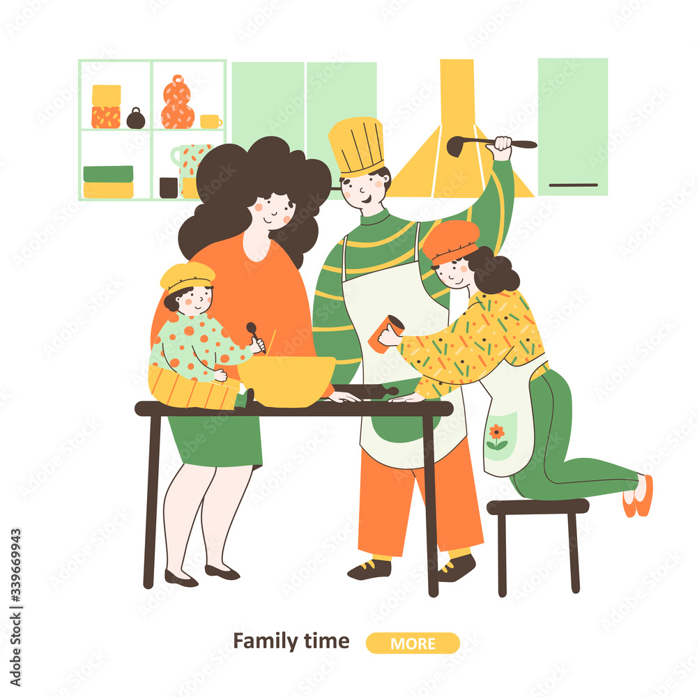 Family cook together, Flat cartoon vector illustration. Family house ...